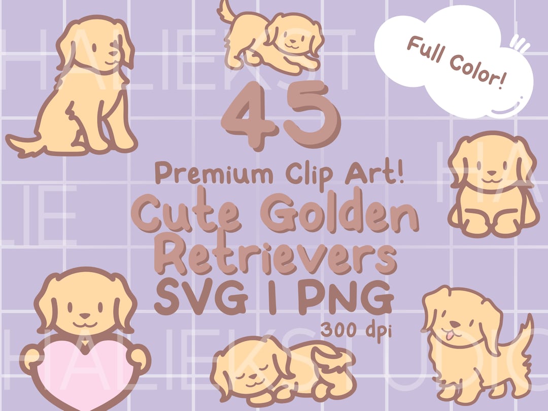 45 Cute Golden Retrievers Premium Clip Art Bundle - Cute Kawaii or ...