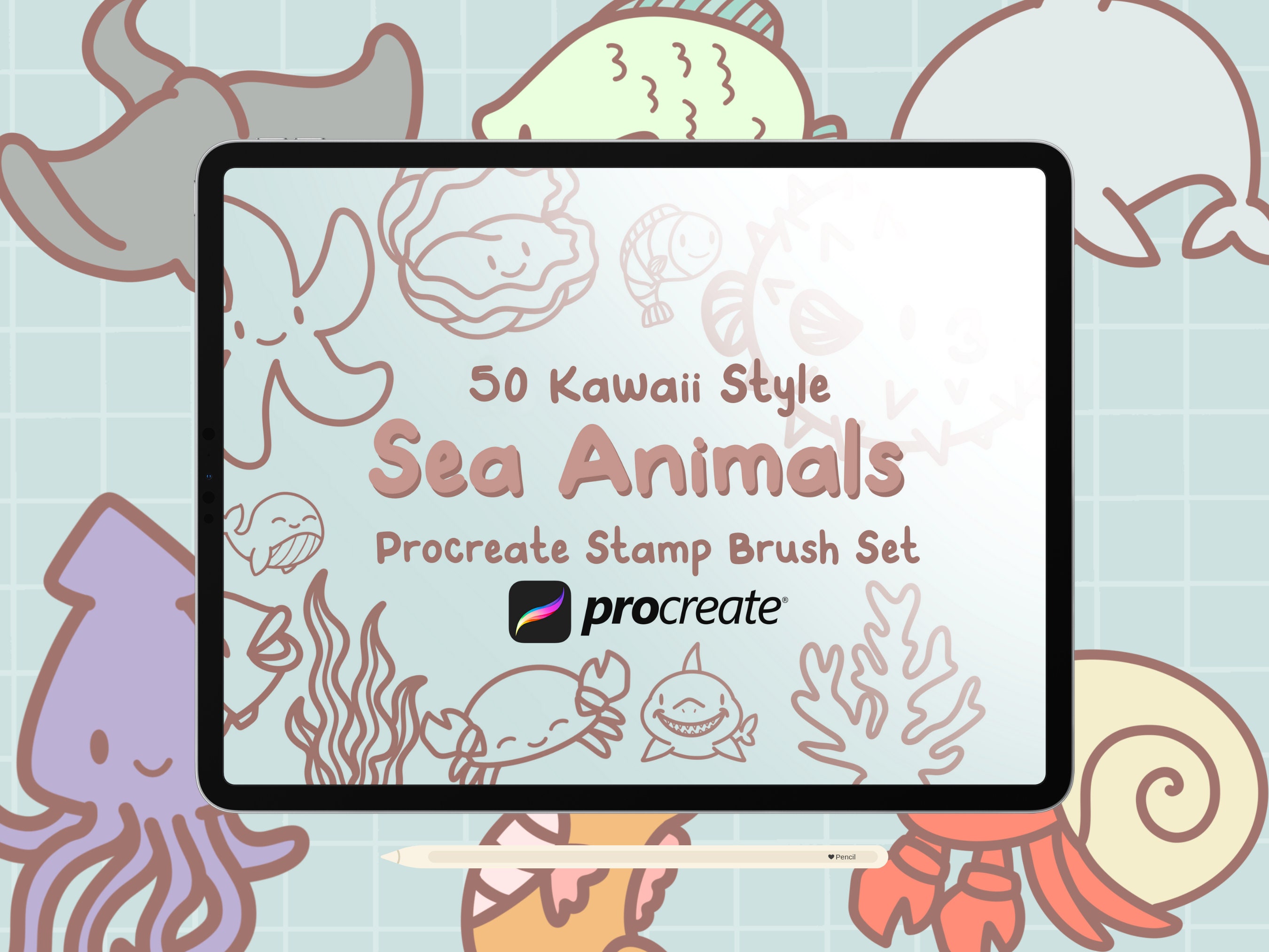 50 Procreate Sea Animals Procreate Stamps Brush Set Cute Kawaii Style ...