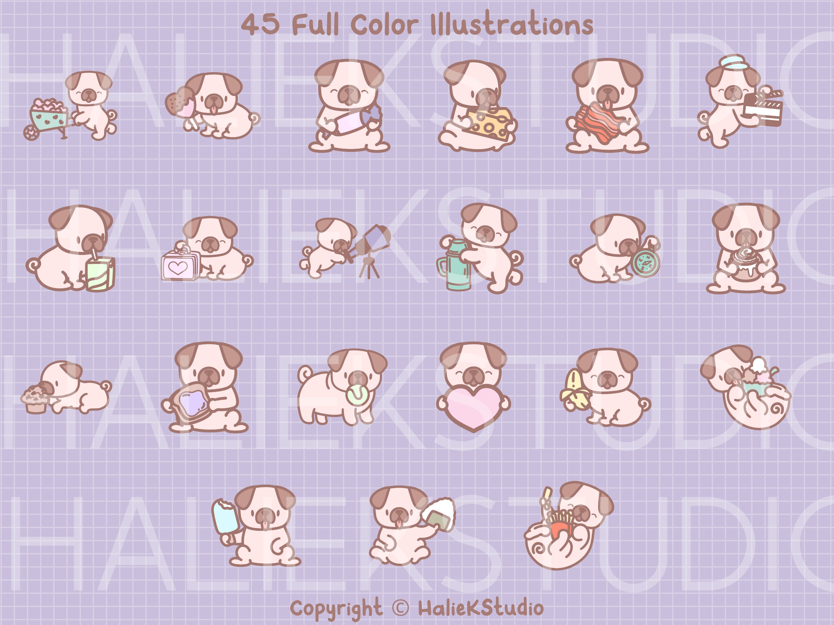 45 Cute Pug Dogs Premium Clip Art Bundle - Cute Kawaii or Chibi Full ...