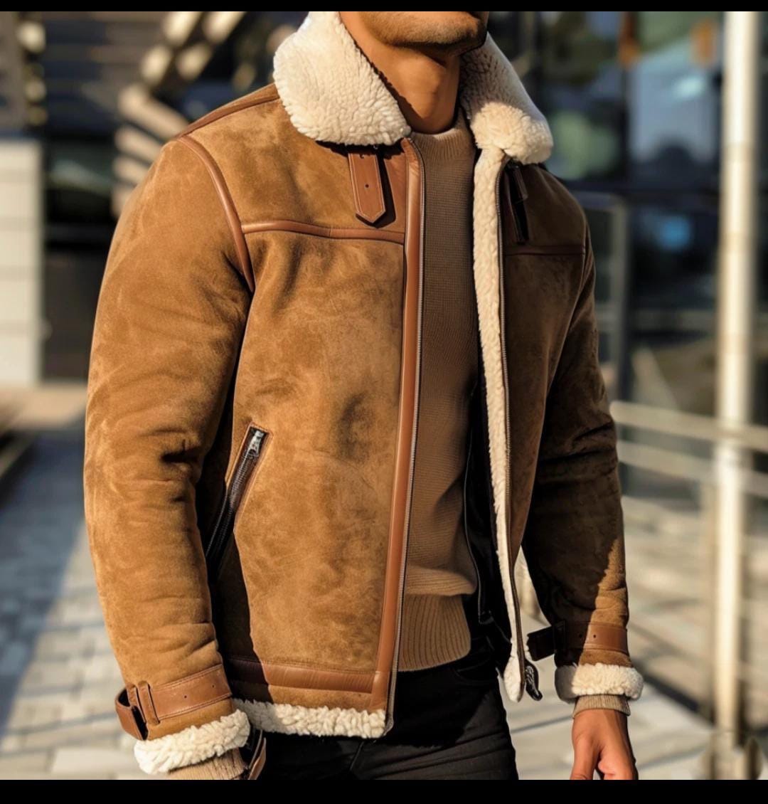 Men’s Tan Shearling Suede Leather Jacket Aviator Bomber Pilot Style ...