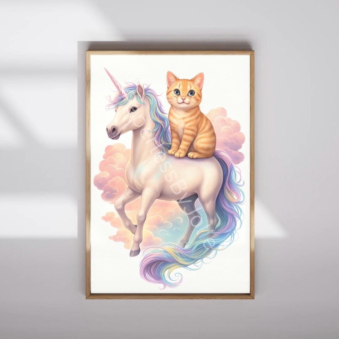 Ginger Cat Riding Colourful Unicorn, Cat on Unicorn Poster, Pink and ...