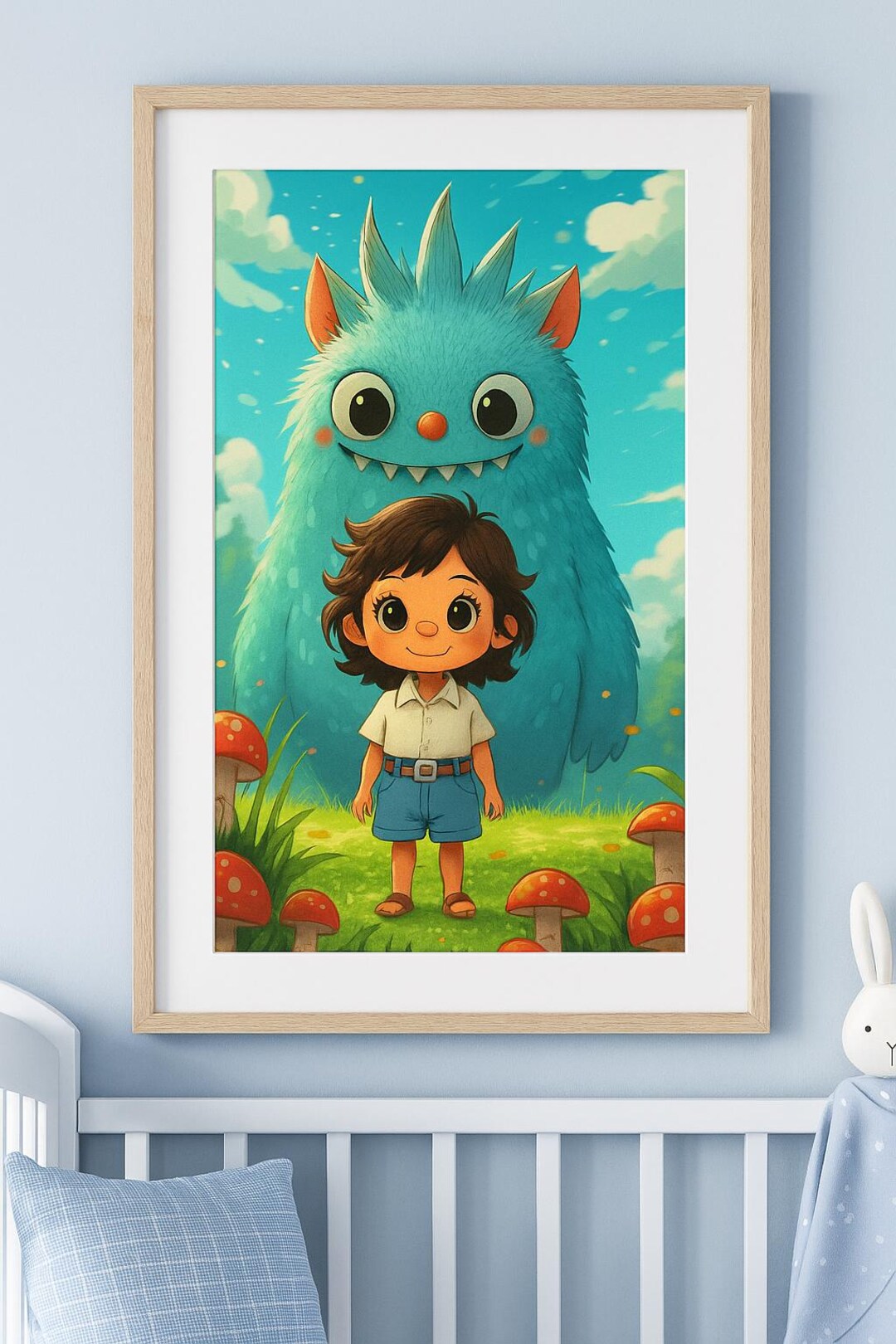 Whimsical Monster & Child Digital Print – Cute Nursery Wall Art, Blue ...