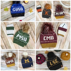 Custom College High School Beanie, Pompom Winter Beanie, Customized Knit Hat, College Knit ...