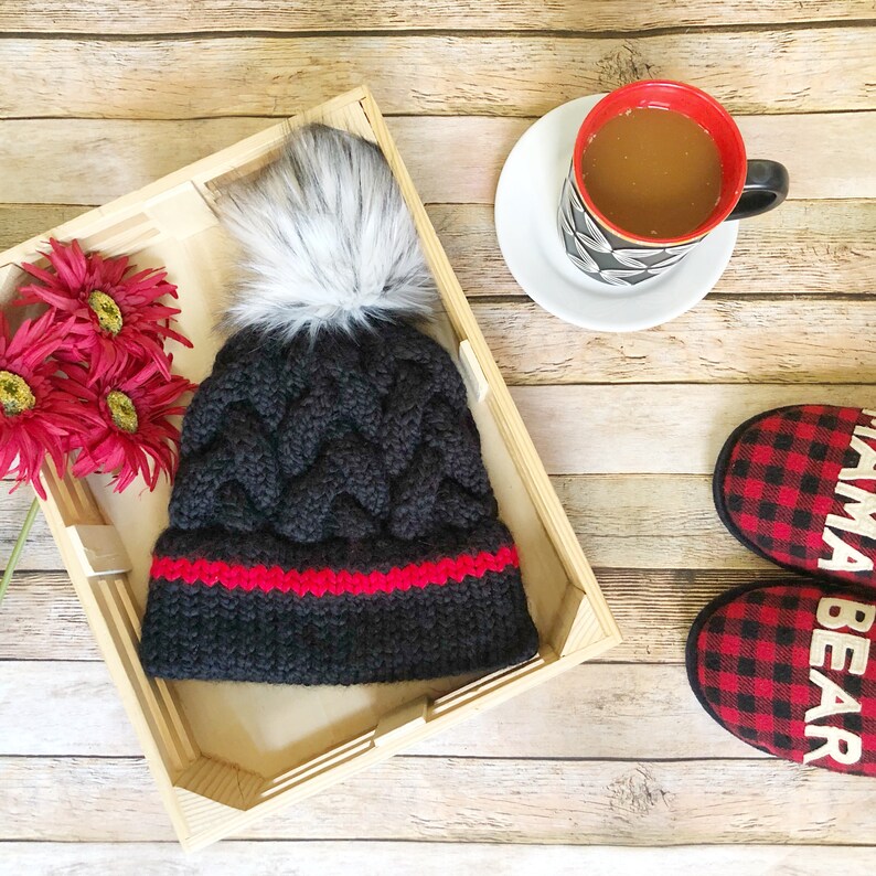 Thin Red Line Cable Beanie, Black and Red Pompom Beanie, Womens Warm ...