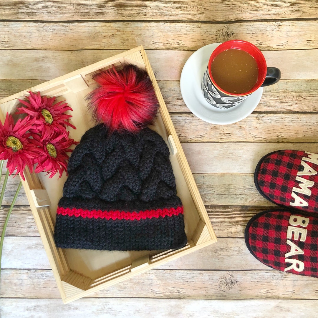 Thin Red Line Cable Beanie, Black and Red Pompom Beanie, Womens Warm ...