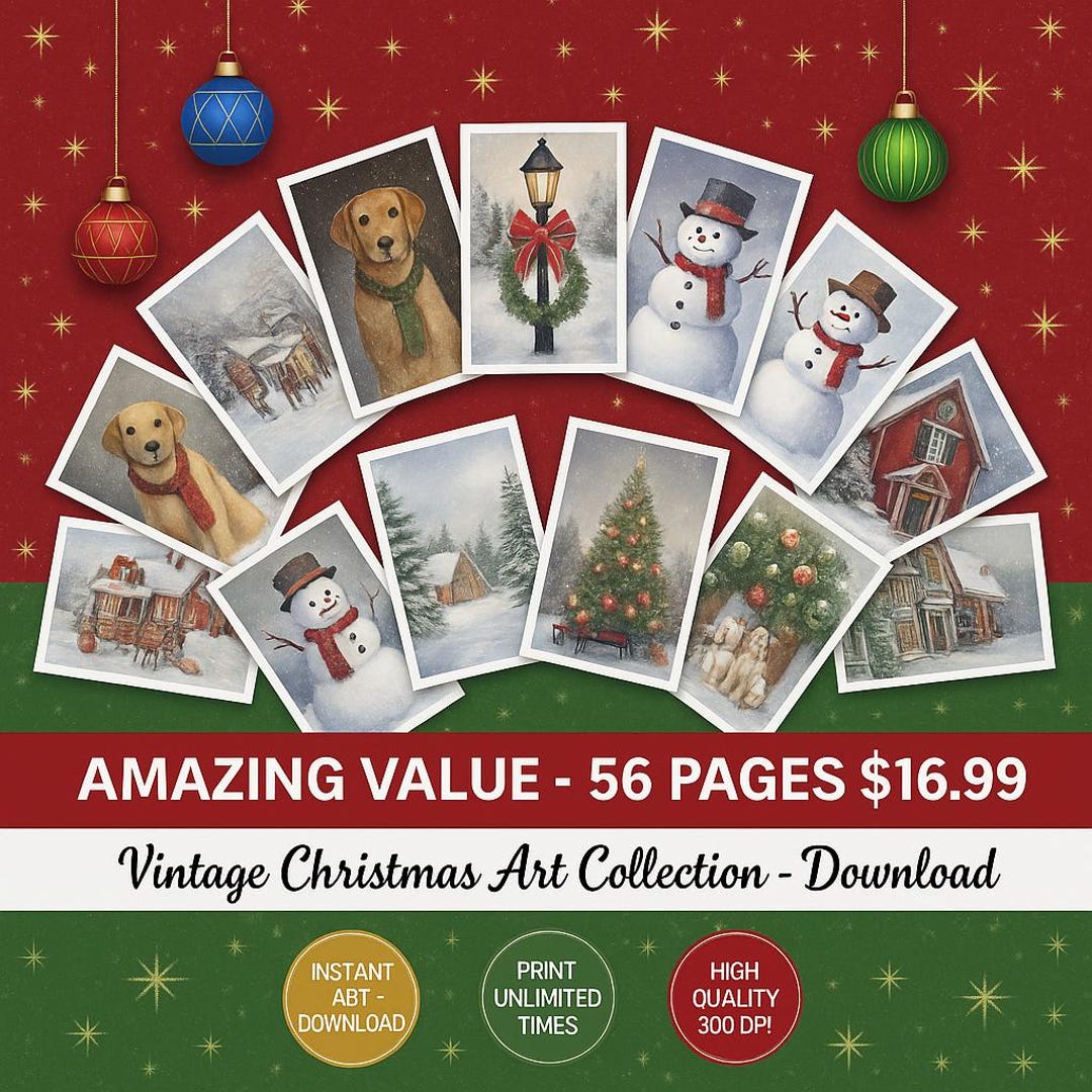 Vintage Christmas Art Bundle, 56 Premium Holiday Prints, Classic ...
