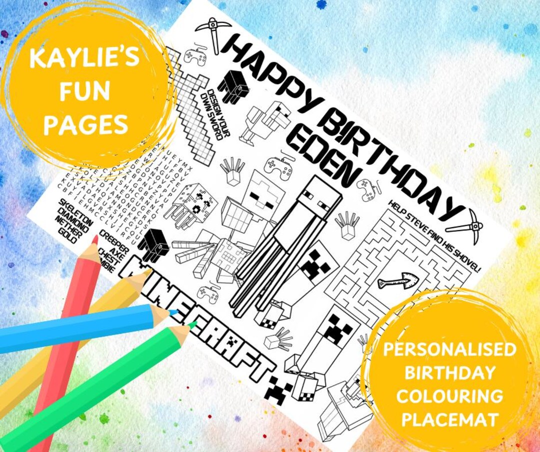 Birthday Coloring Placemat Minecraft Personalised Party Paper Activity ...