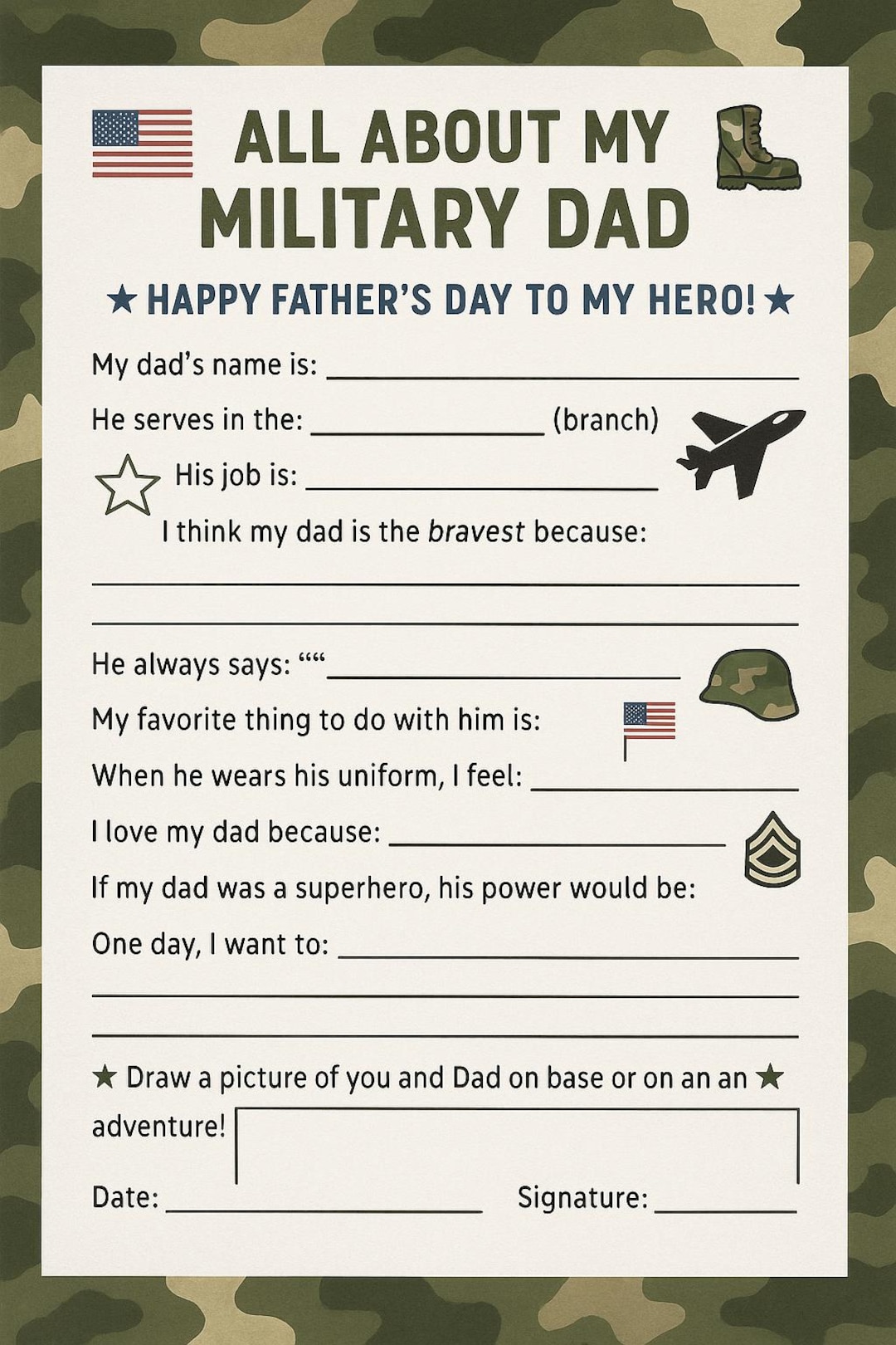 Military Dad Father's Day Worksheet: Gift From Kids (PDF Download) - Etsy