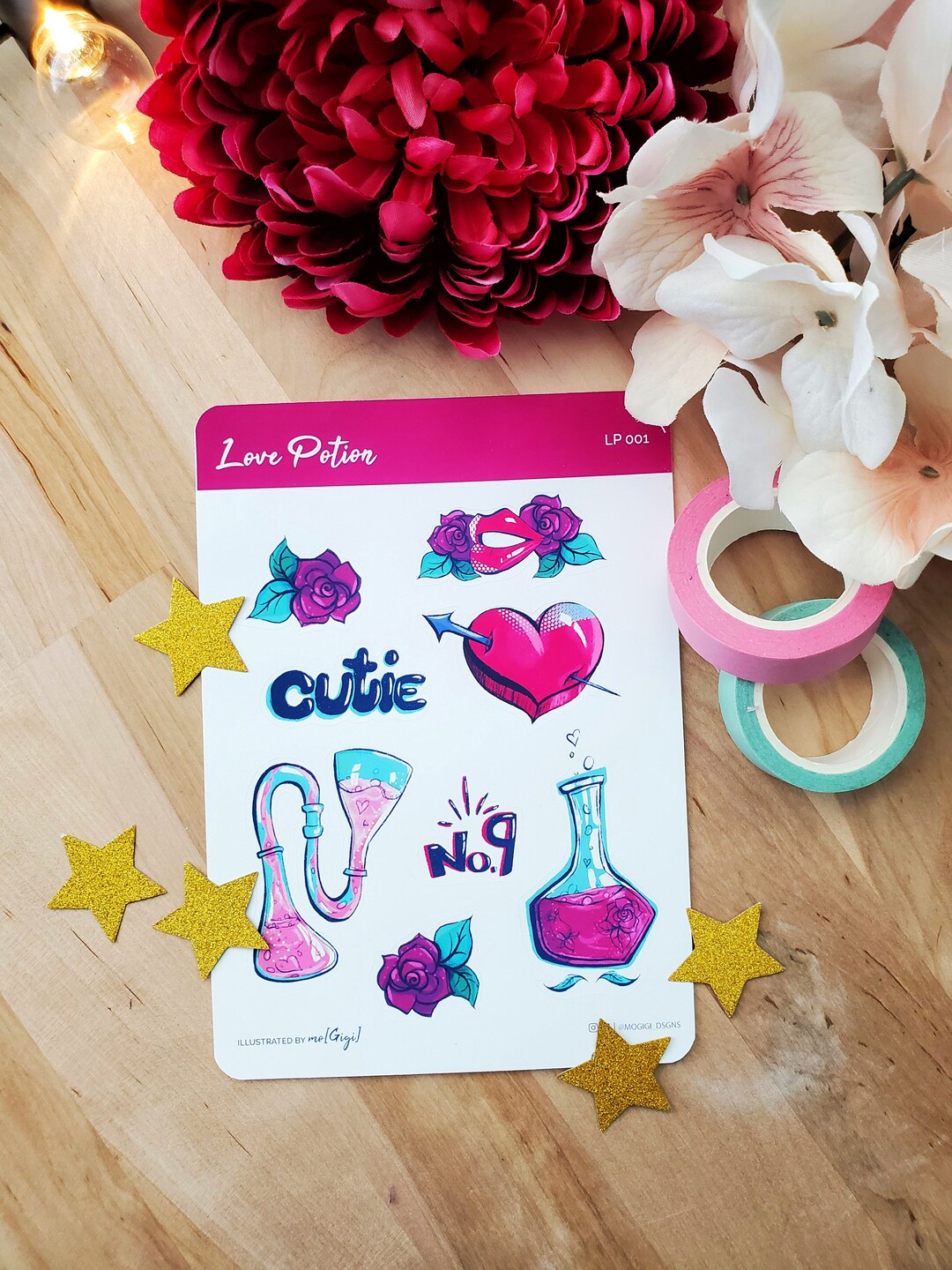 Love Potion Stickers - Valentines Hearts and Roses, Flower Sticker ...