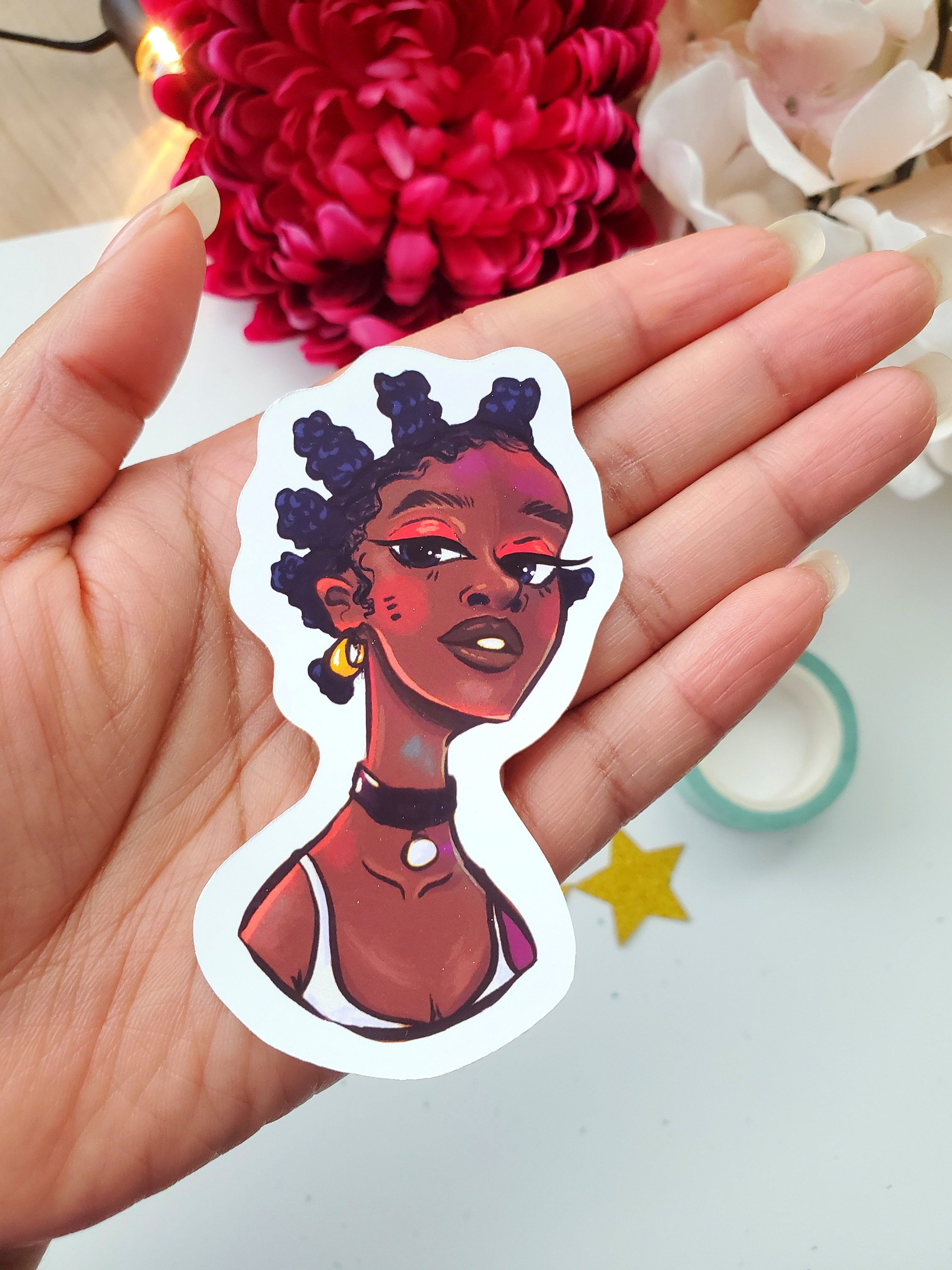Natural Hair Art Sticker, Black Woman Bantu Knots, Fashion Melanin ...