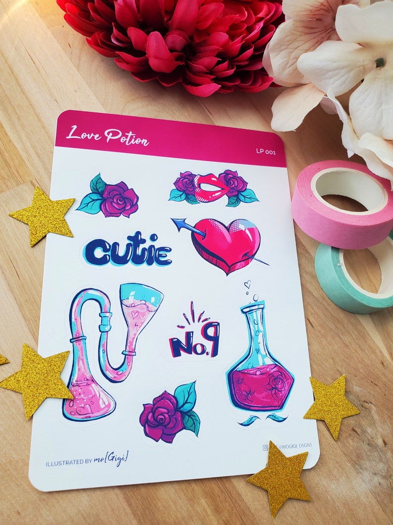 Love Potion Stickers - Valentines Hearts and Roses, Flower Sticker ...