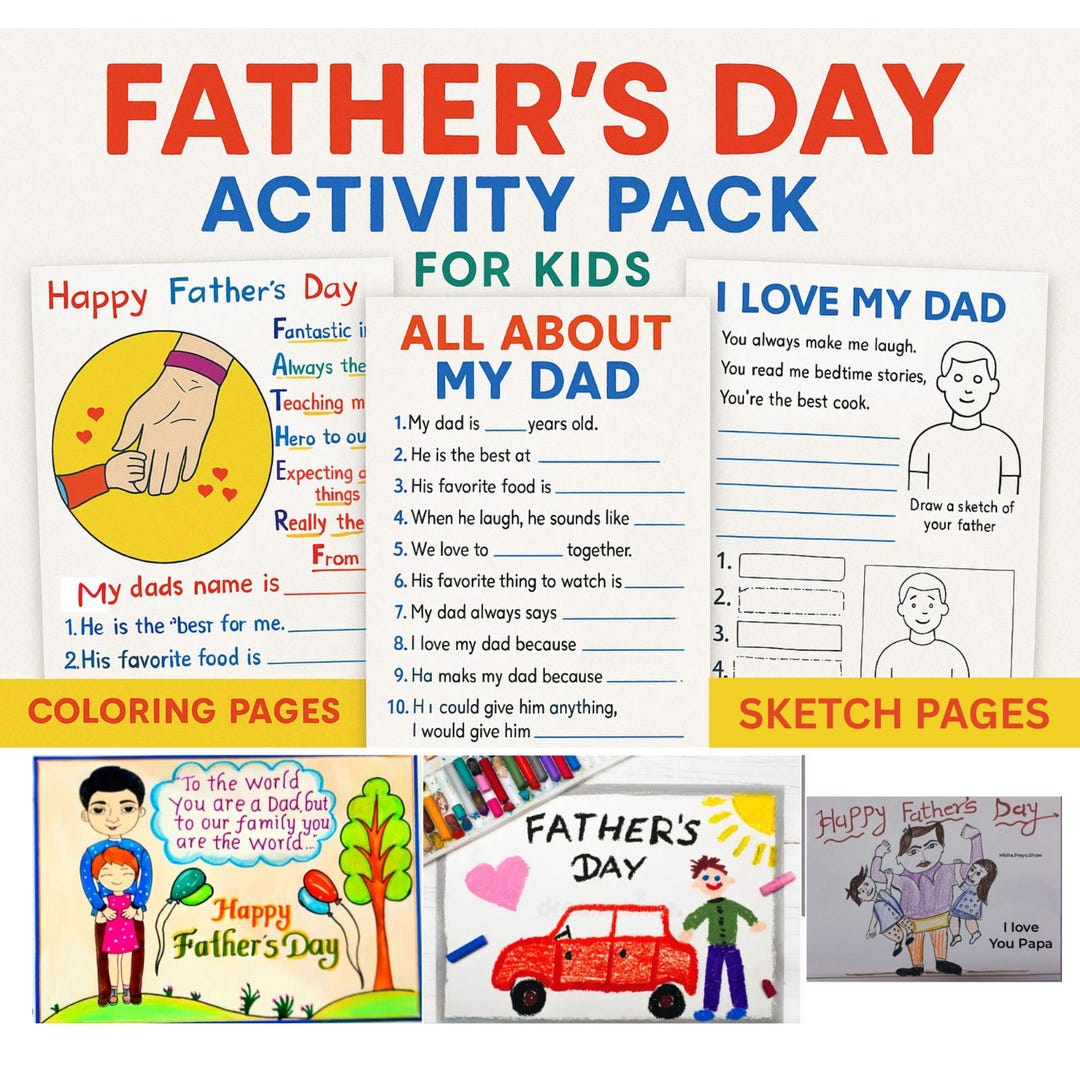 Father Day Activity Pack for Kids Coloring Pages, Drawing, Card Making ...
