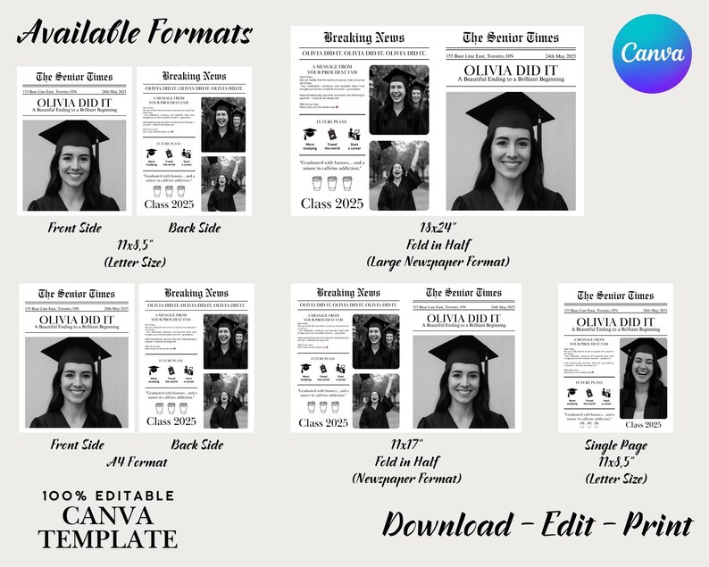 Graduation Newspaper Template, Editable Canva Senior Tribute ...