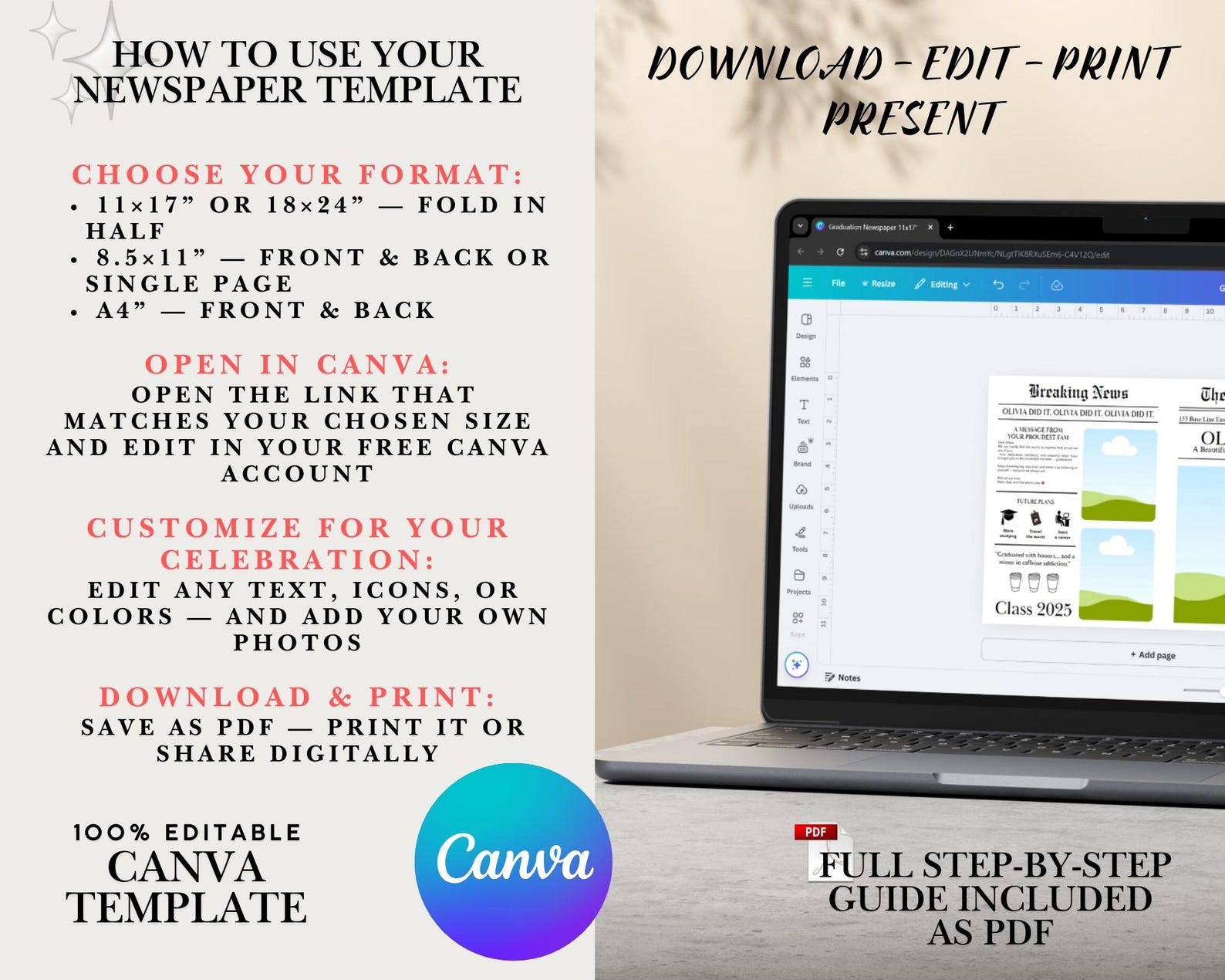Graduation Newspaper Template, Editable Canva Senior Tribute ...
