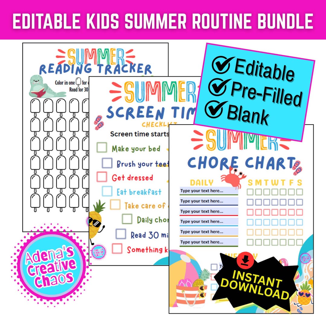 Summer Fun Printable Bundle for Kids: Chore Chart, Reading Tracker ...
