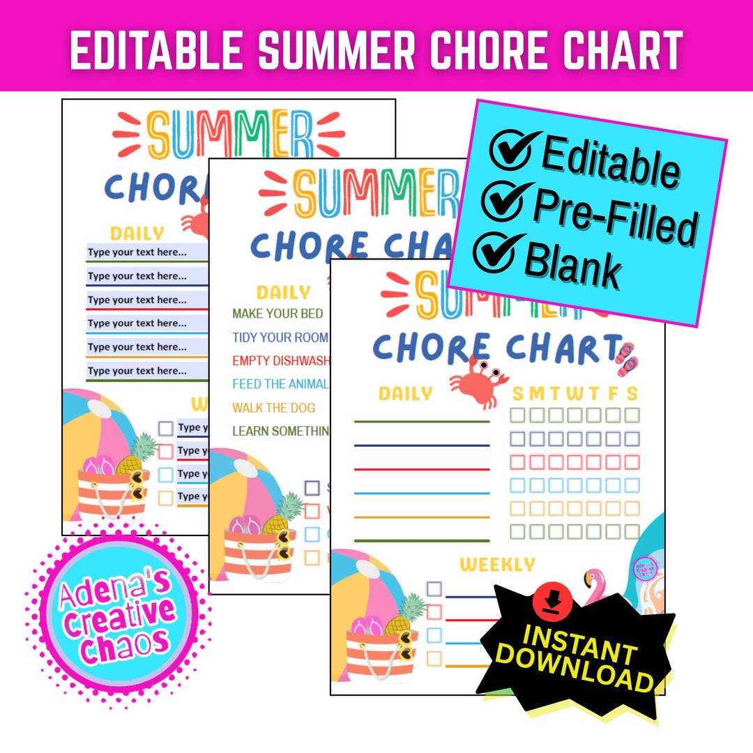 Summer Chore Chart for Kids: Printable, Editable, & Blank (instant ...