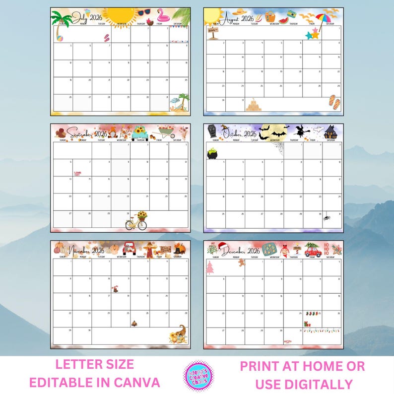 2026 Printable Calendar - Editable in Canva (free) - Sunday & Monday ...