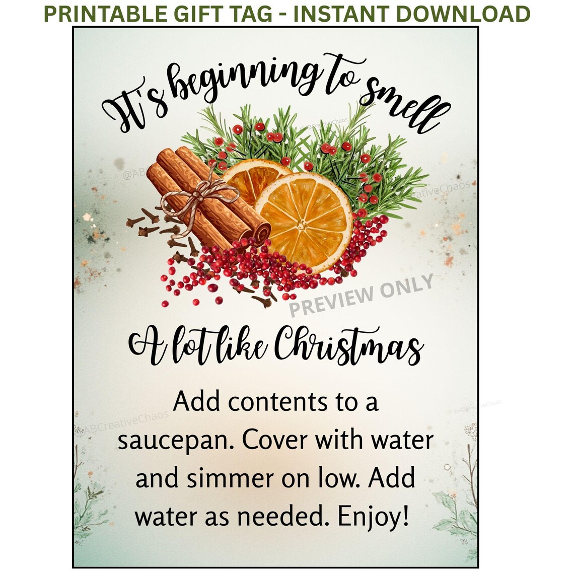 Printable Christmas Potpourri Gift Tag | Holiday Simmer Pot Recipe Tag ...