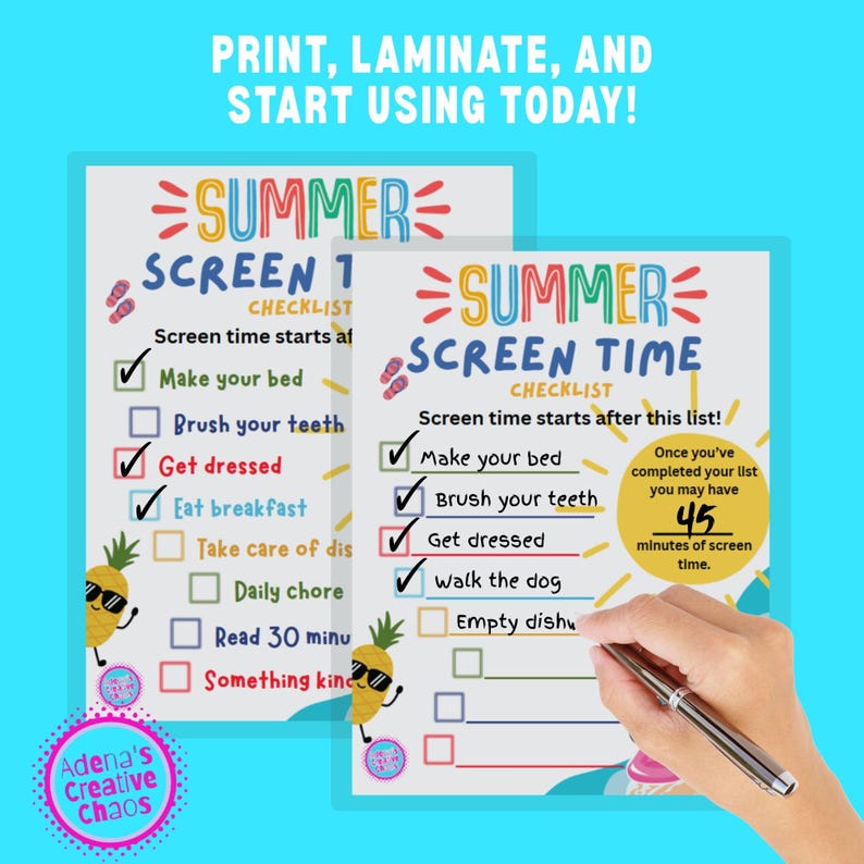 Summer Screen Time Checklist for Kids: Printable Reward Chart (digital ...