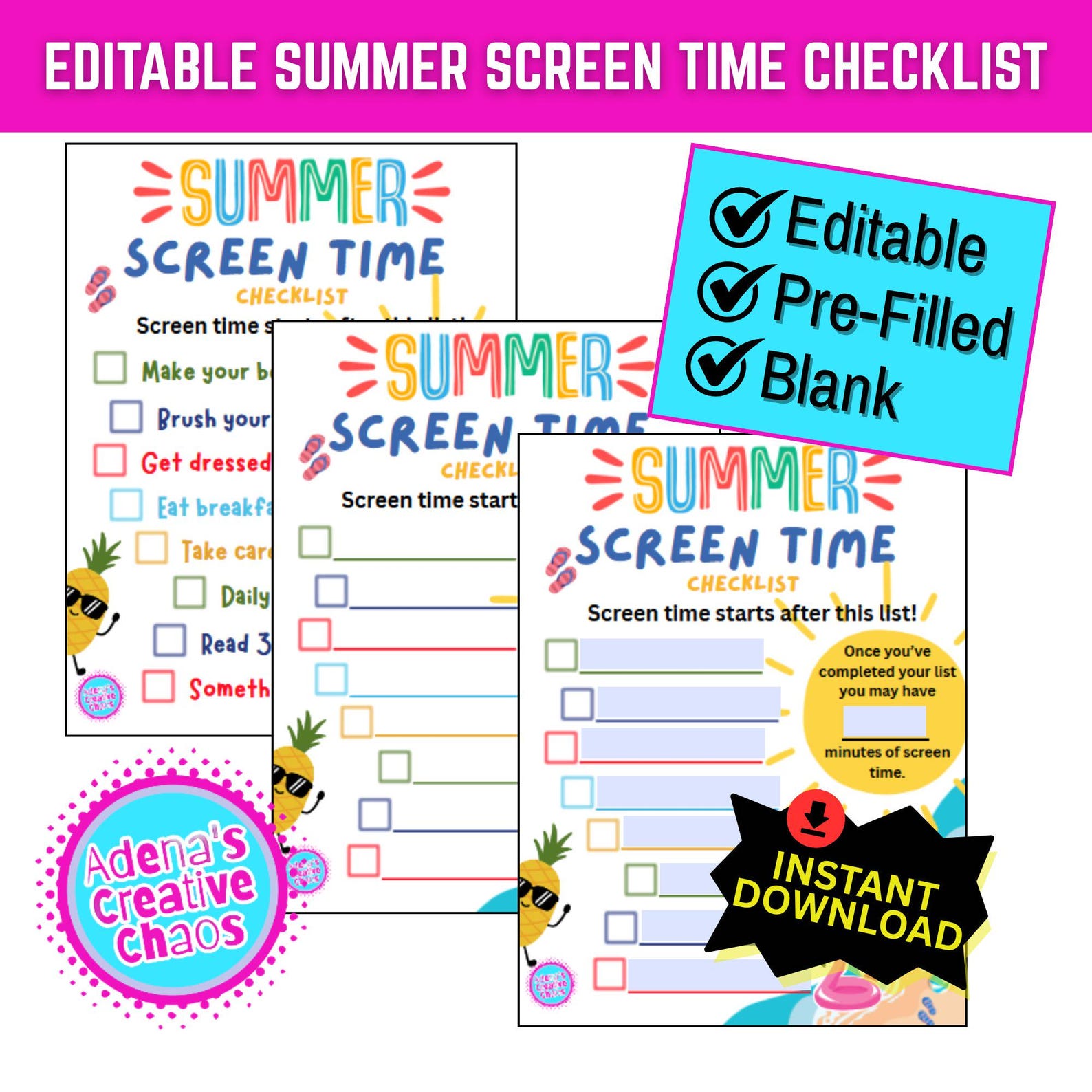 Summer Screen Time Checklist for Kids: Printable Reward Chart (digital ...
