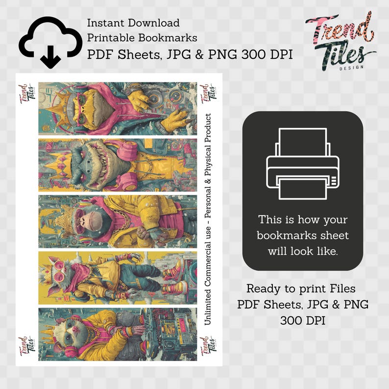 Urban Animal Streetwear Printable Bookmarks, Hip Hop Kidcore Digital ...