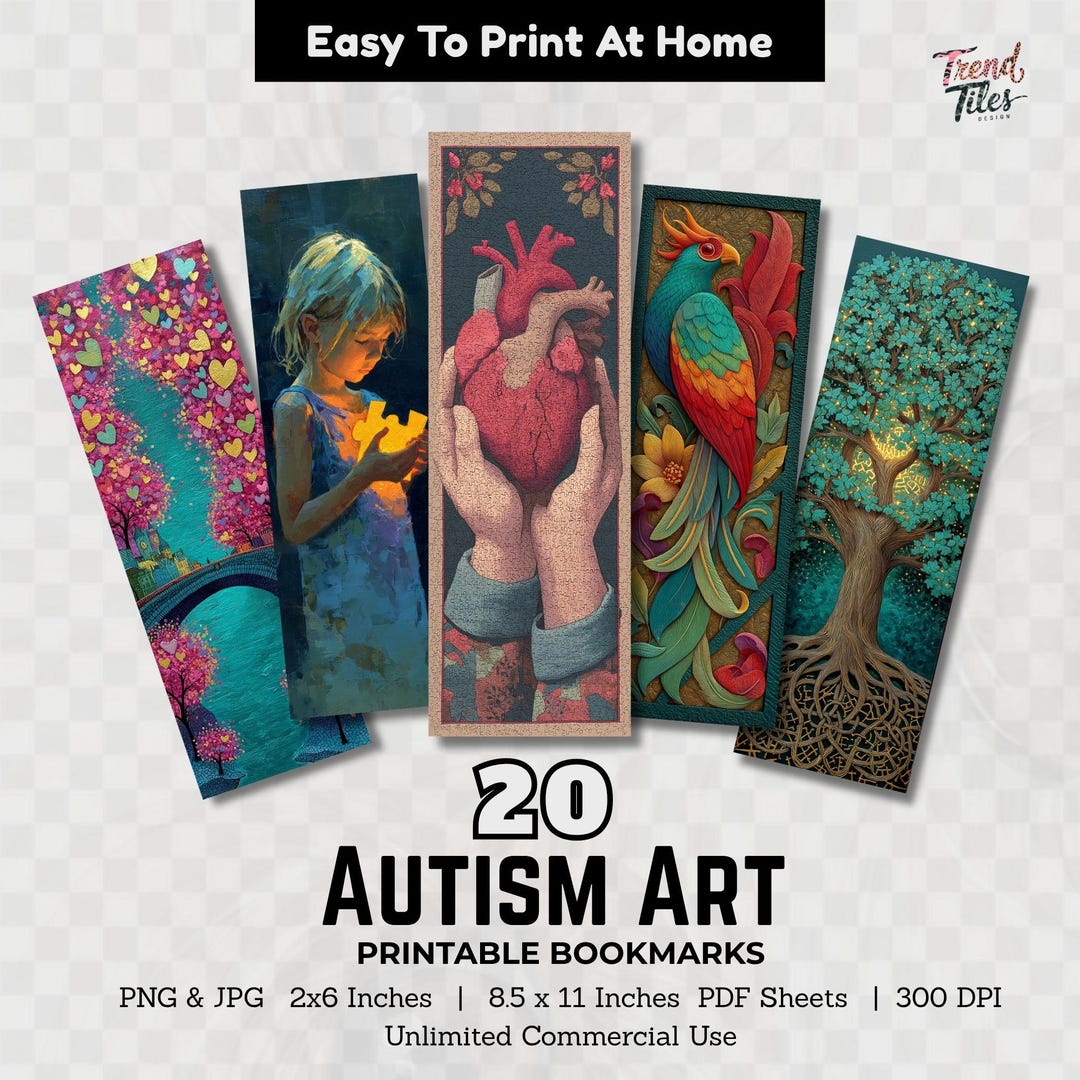 Autism Art Printable Bookmarks, Whimsical Kidcore Bookmark PNG, Bookish ...