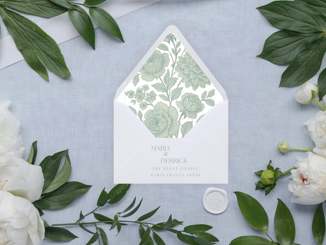 Toile Wedding Envelope Liner, Vintage Floral A7 Insert, Elegant Green ...