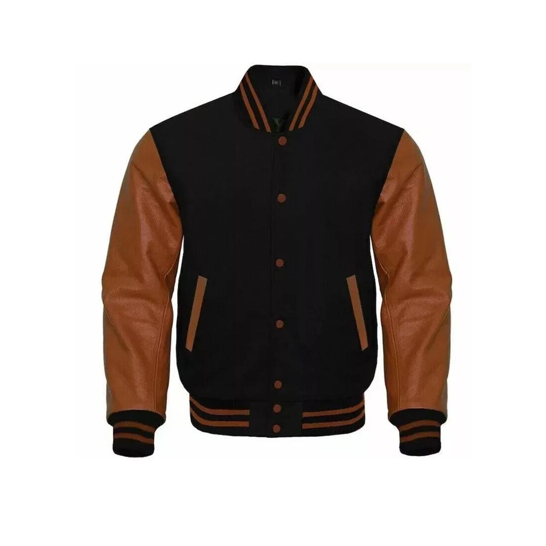 Letterman Varsity Bomber Jacket – Black Wool Body With Brown Leather ...