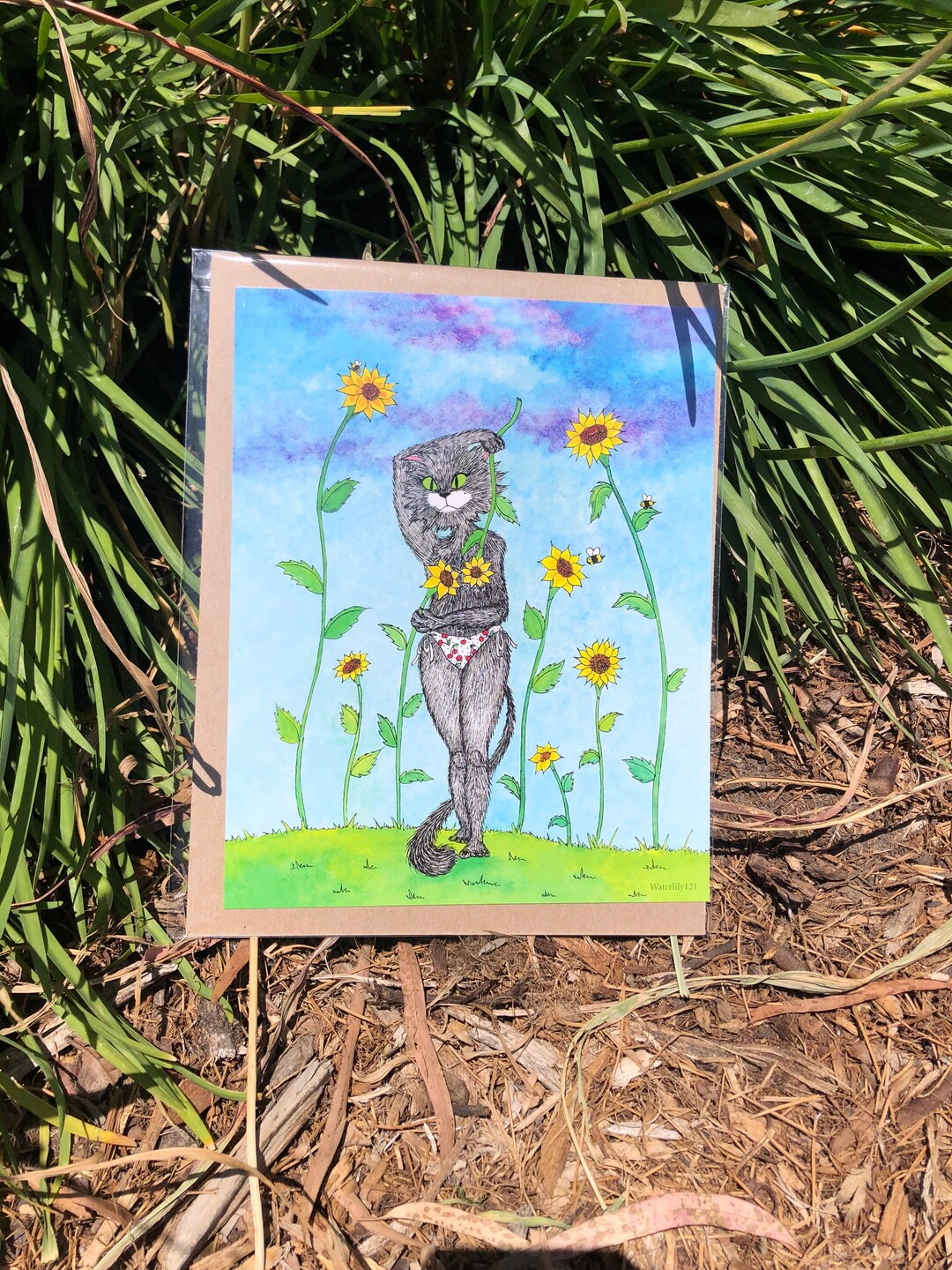 Sunflower Print, Flower Power, Cat Art, Summer, Neko Girl, Wall Decor ...