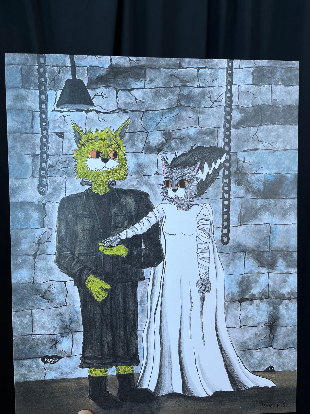 Kittystein and Bride, Frankenstein, Cat Art, Cat Print, Halloween Art ...