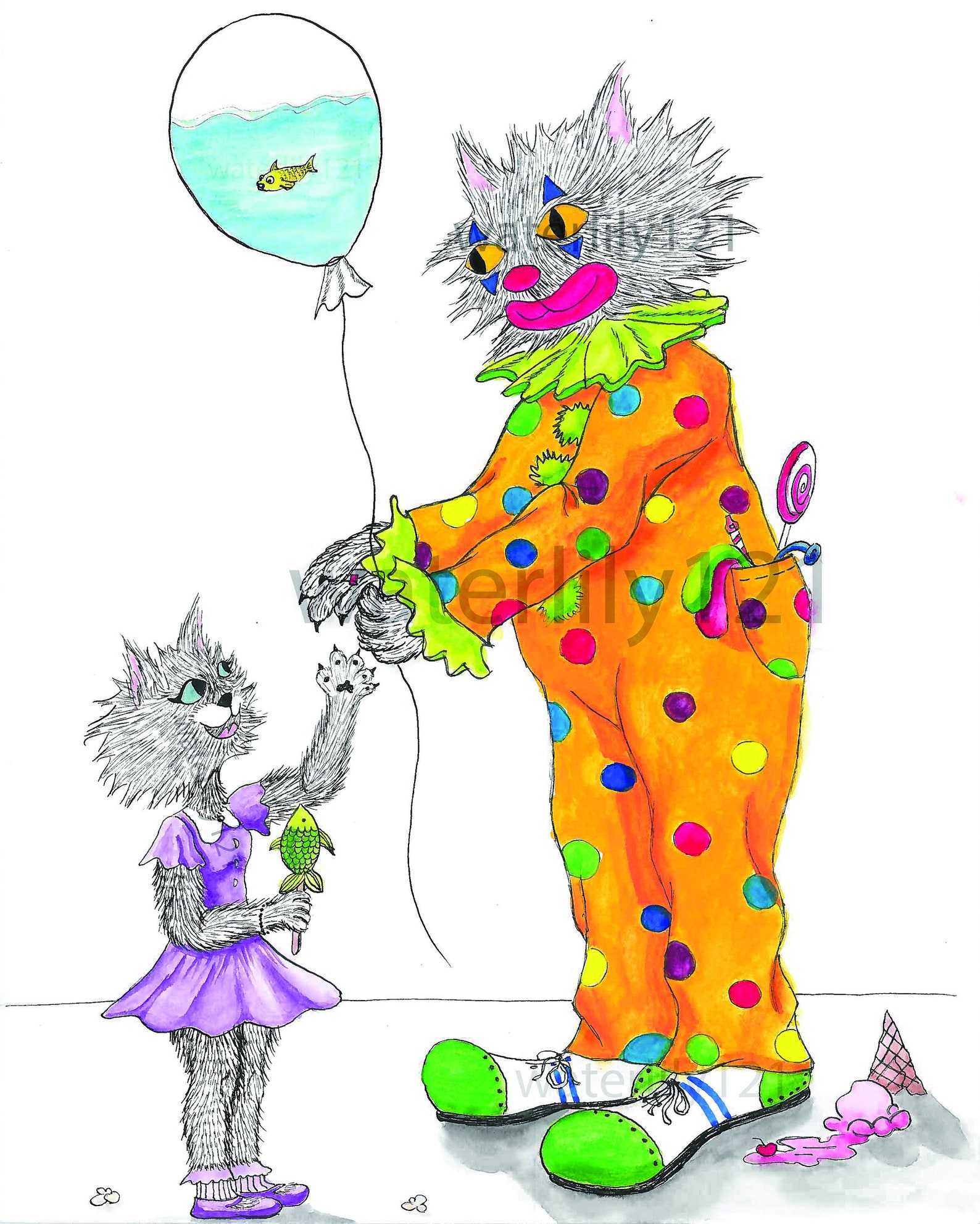 Circus Cats, Clowns, Art Print, Kids Art, Evil Clown, Childrens ...