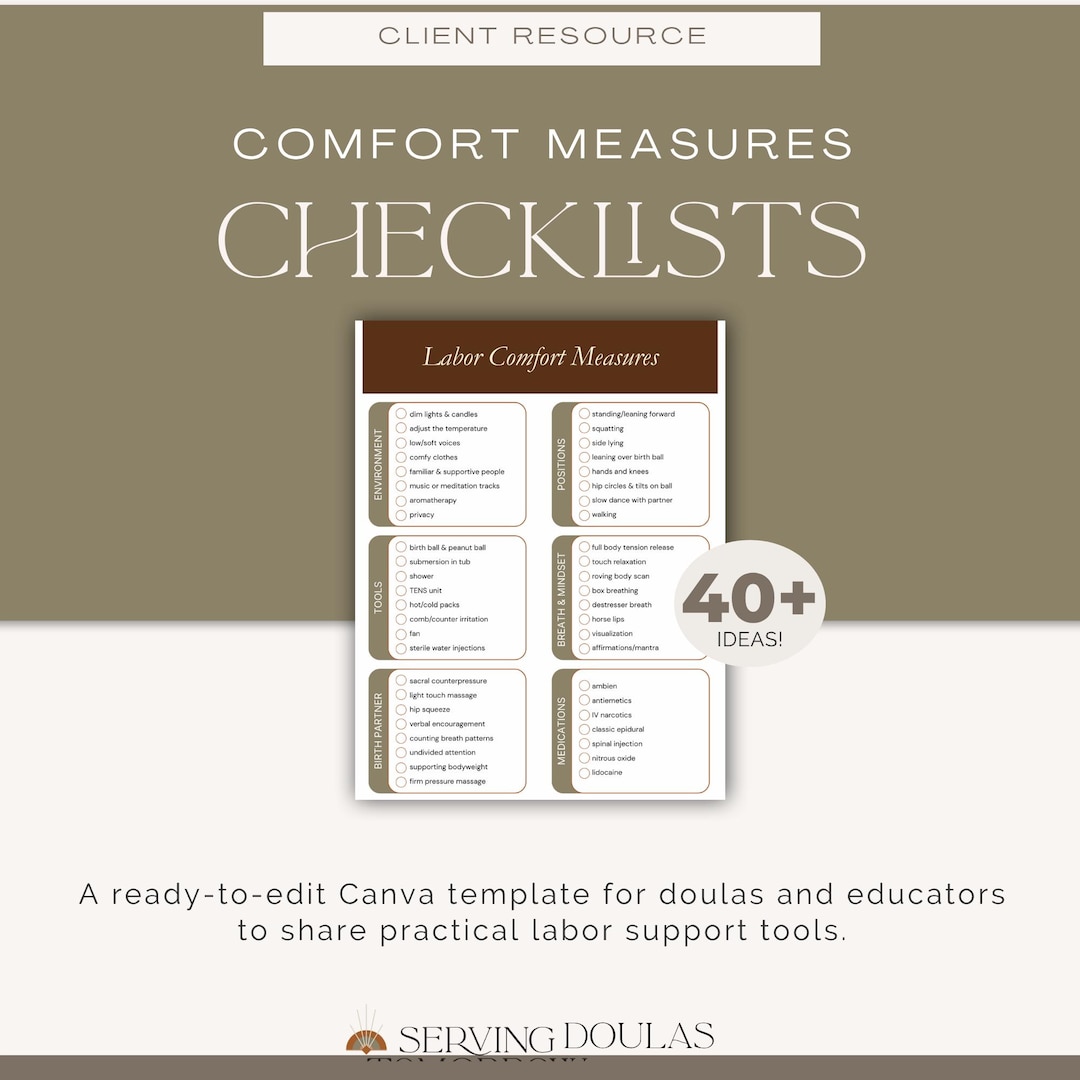 Doula Client Handout | Labor Comfort Measures Checklist (canva Template ...