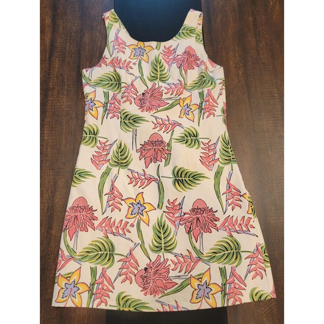 Vintage Pineapple Moon 100% Silk Sun Dress Tank Lined Floral Palm ...
