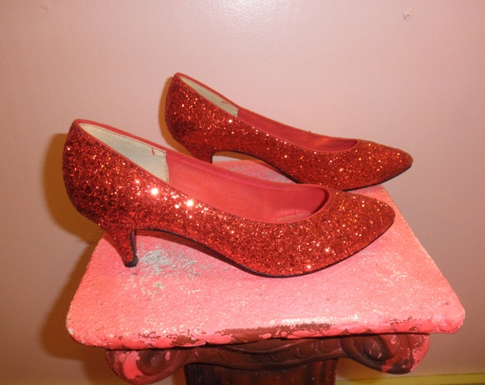 80s Ruby Red Glitter Kitten Heels Shoes Pumps Size 8 - Etsy