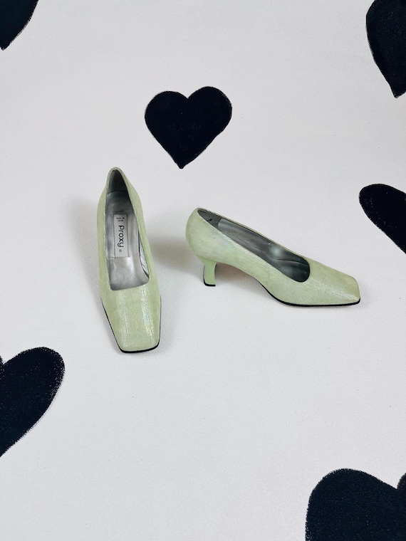 90's 00's y2k square toe mint metallic heels shoes cu… - Gem