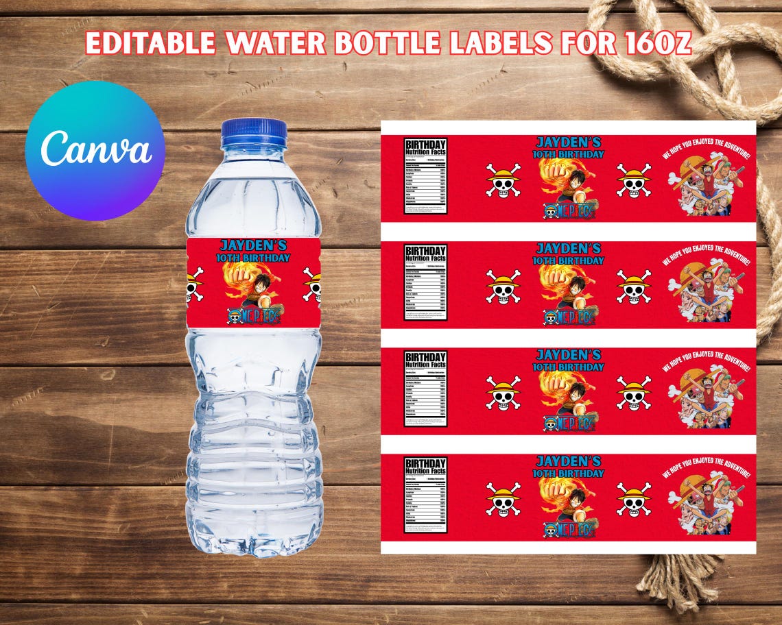 One Piece Water Bottle Party Favor Template, Water Bottle Label ...