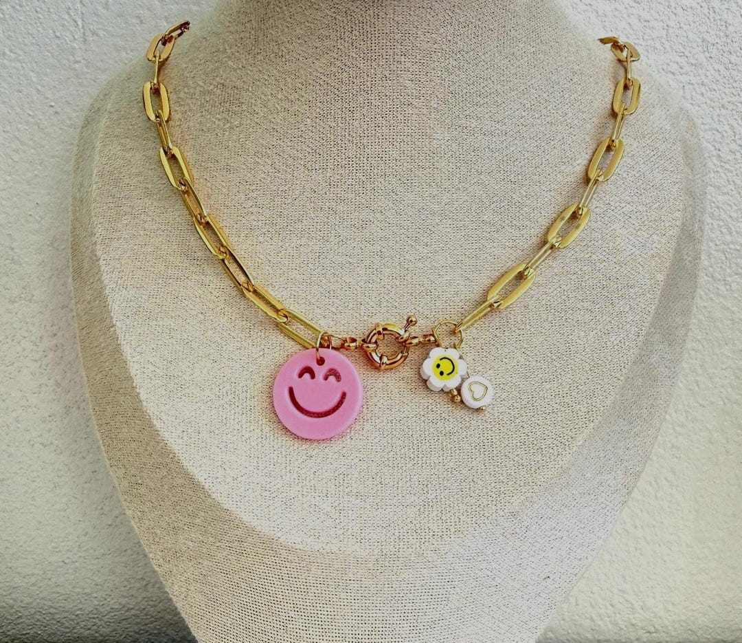 Gold Smiley Face Necklace: Chunky Link Chain With Playful Charms - Etsy