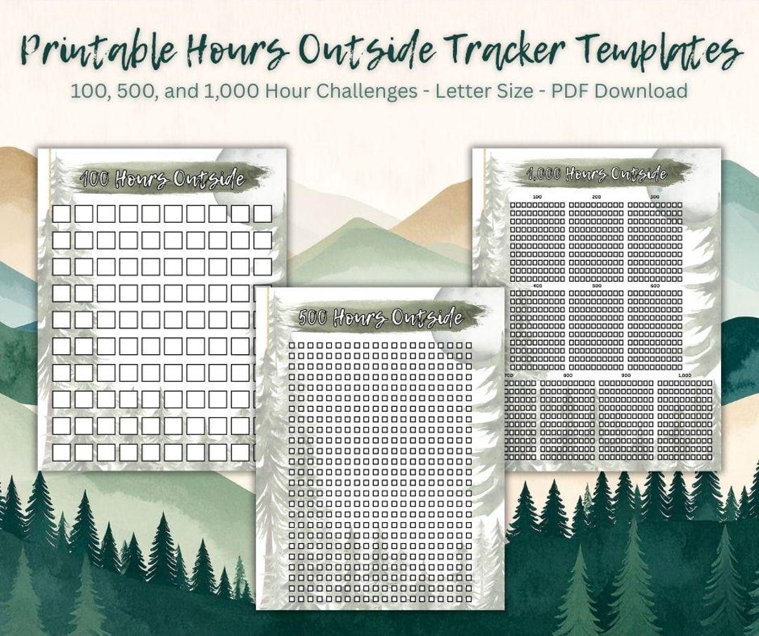 Printable Hours Outside Tracker Templates: 100, 500, and 1,000 Hours ...