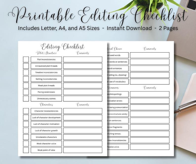 Printable Editing Checklist for Writers (PDF Download, Letter/a4/a5 ...