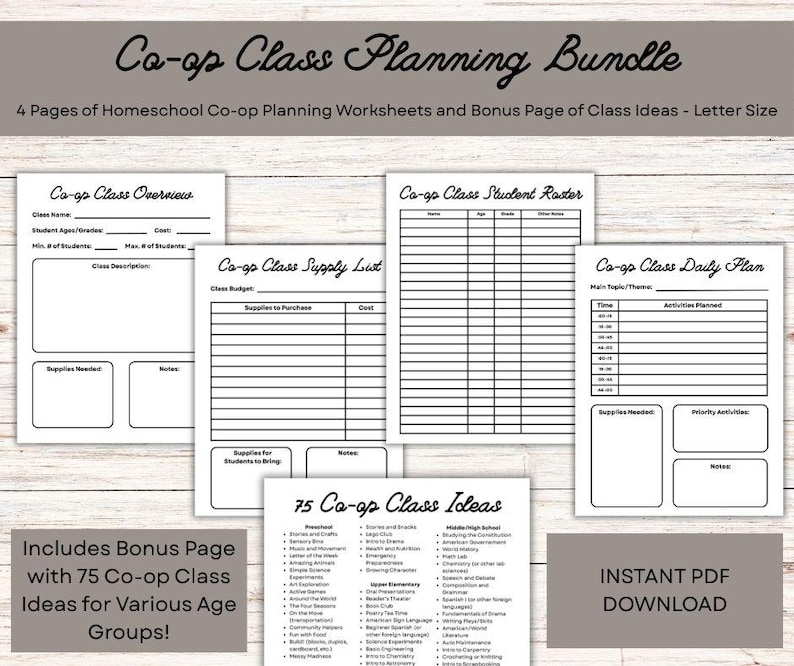 Homeschool Co-op Class Planning Bundle: Worksheets + 75 Class Ideas ...