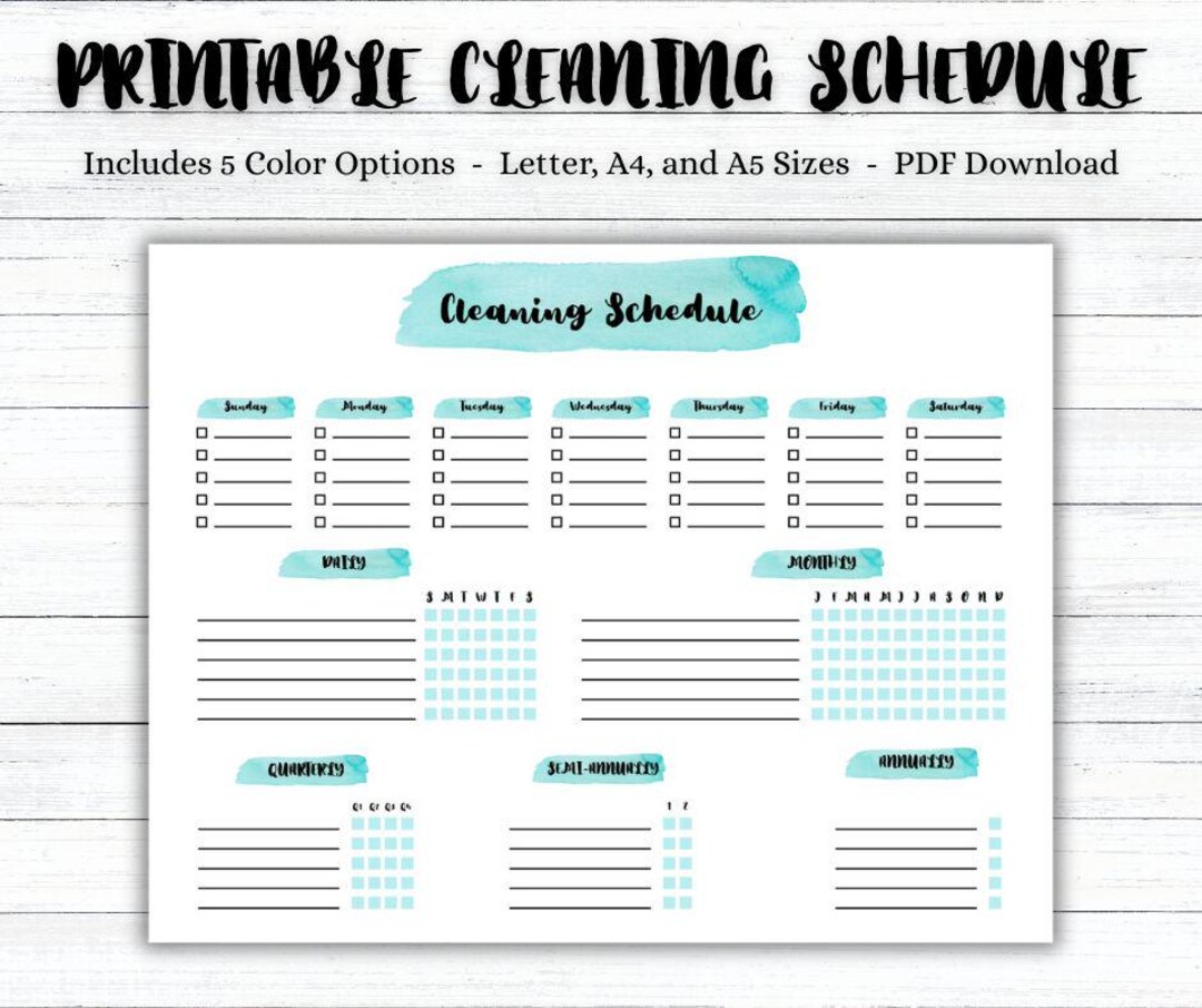 Printable Watercolor Cleaning Schedule (PDF Download, Letter/a4/a5 ...