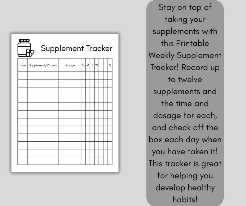 Printable Weekly Supplement Tracker: Supplement and Vitamins Log ...