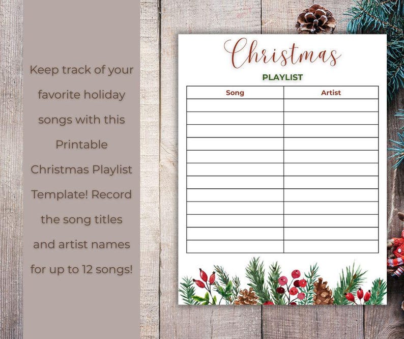 Printable Christmas Playlist Template (letter and A4 Sizes, PDF ...