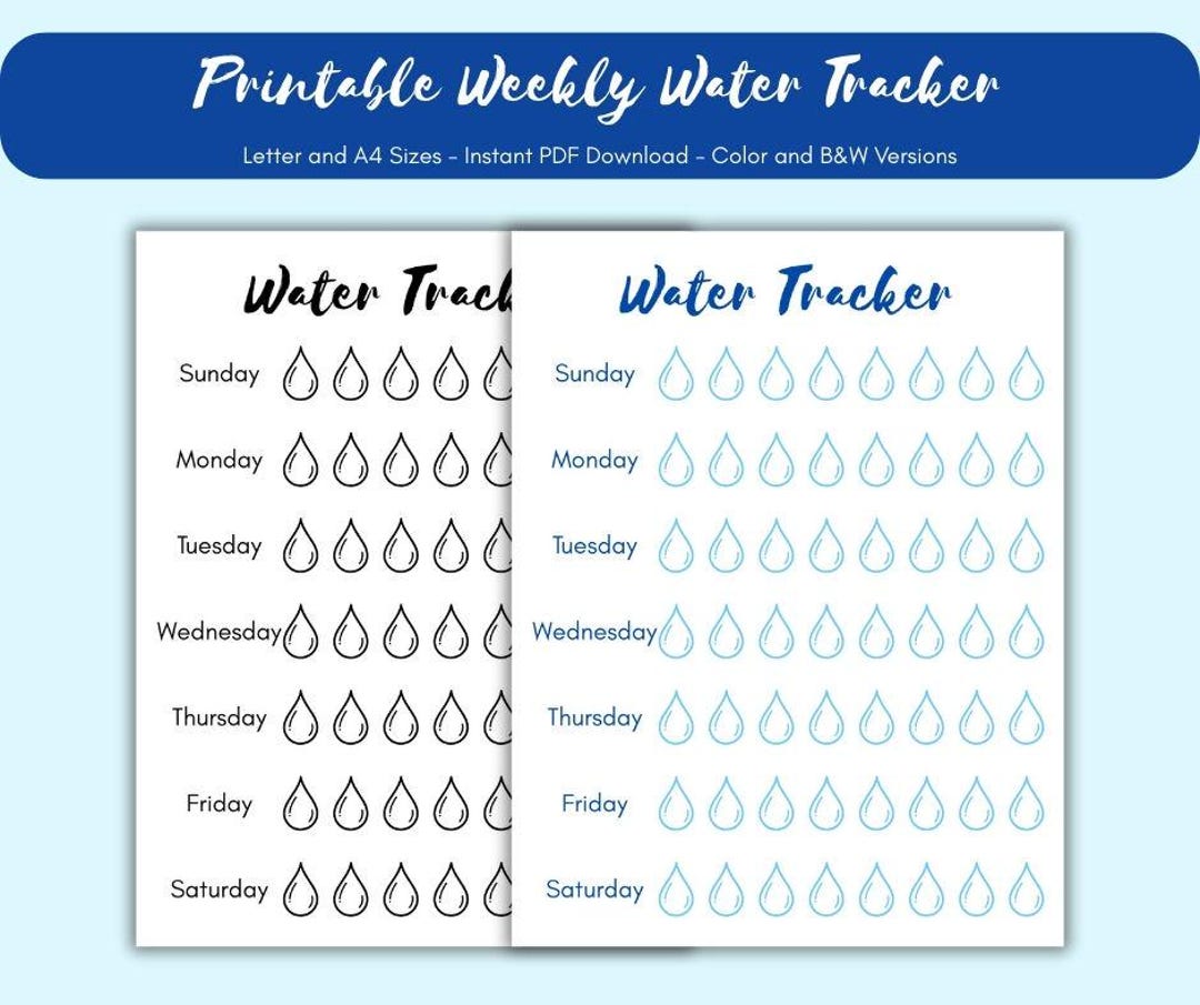 Printable Weekly Water Tracker: 1-week Hydration Log (letter & A4 Sizes ...