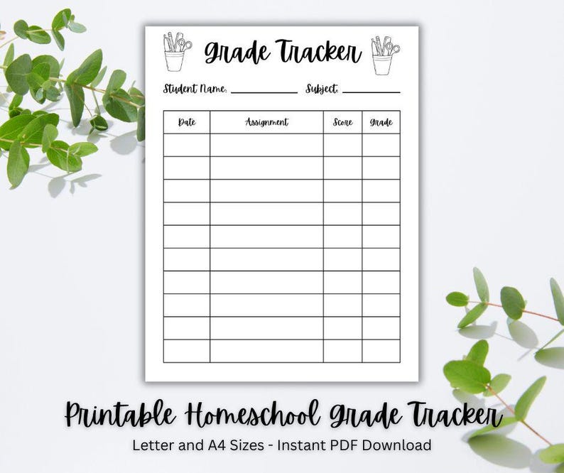 Printable Homeschool Grade Tracker: Minimalist Gradebook Template (PDF ...