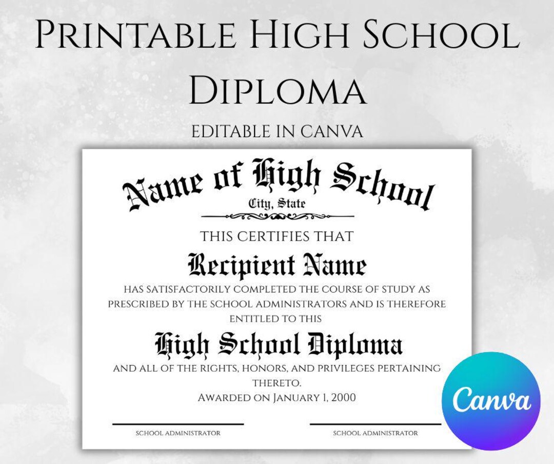Printable High School Diploma: Editable in Canva, Homeschool Diploma - Etsy