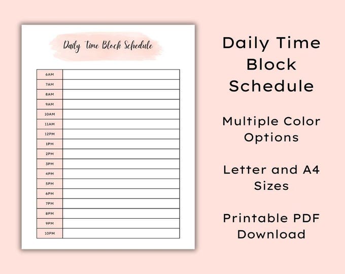 Printable Daily Time Block Schedule: 5 Colors, Letter & A4 Sizes (PDF ...