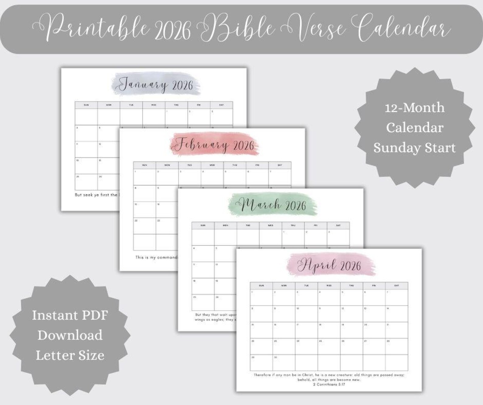 Printable 2026 Bible Verse Calendar: 12 Months, Sunday Start (PDF ...