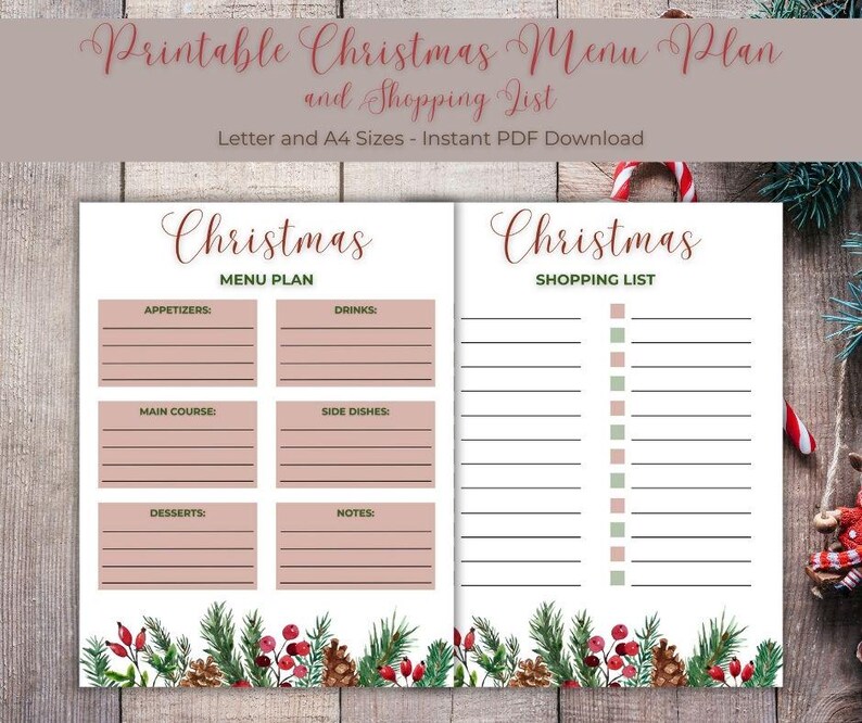 Printable Christmas Menu Planner and Shopping List Bundle- Letter and ...