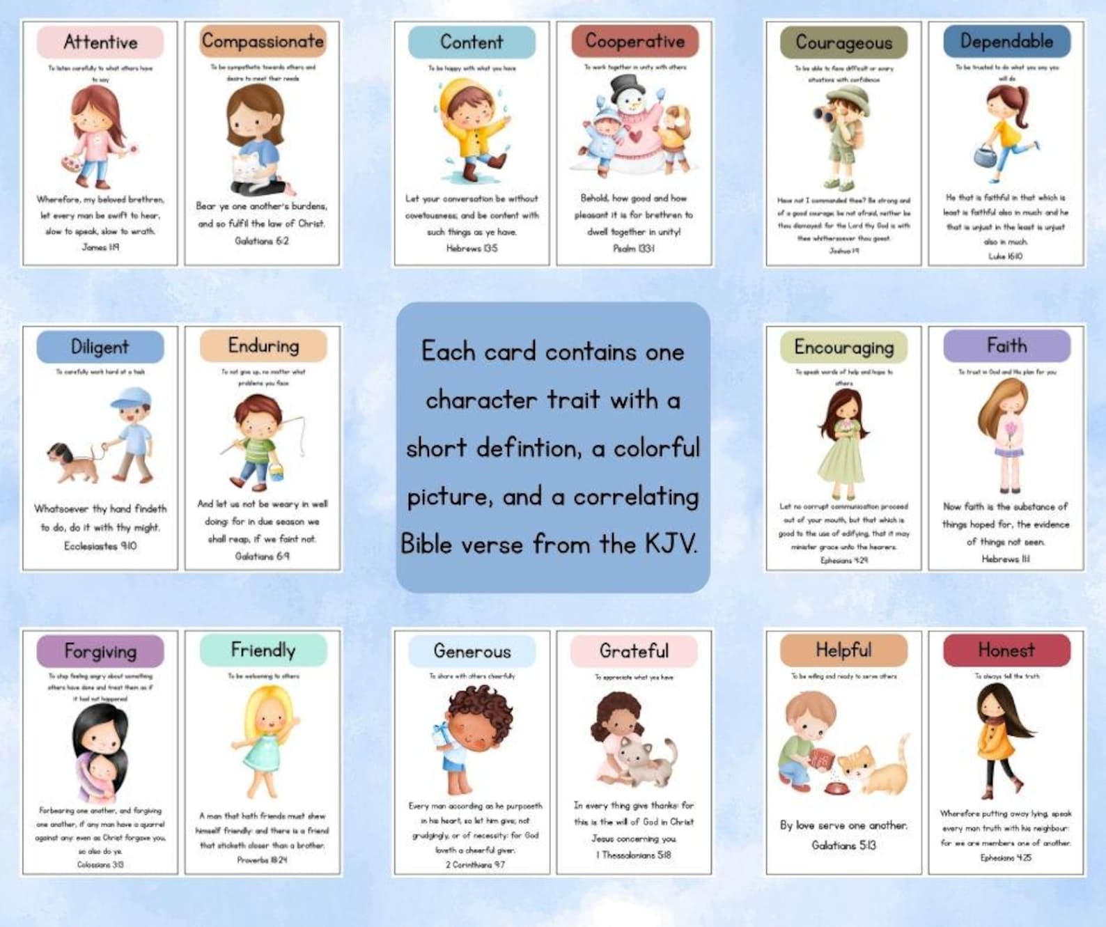 Printable Christian Character Trait Cards for Kids: KJV Scripture (PDF ...
